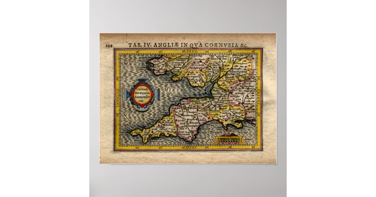 1610 Map of Cornwall, Devon, Somerset, etc... Poster | Zazzle