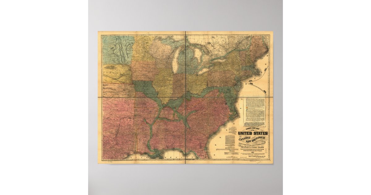 1863 Rail & Civil War Map of U.S. and Canada Poster | Zazzle