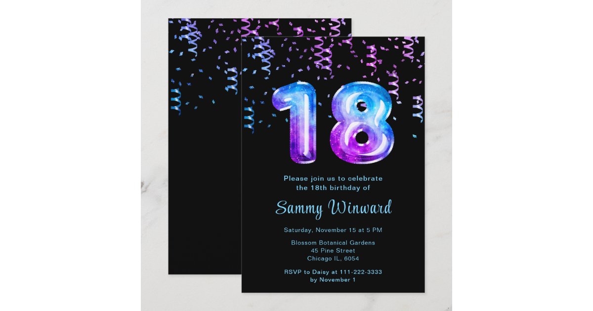 18th Birthday Galaxy Balloons with Confetti Invitation | Zazzle