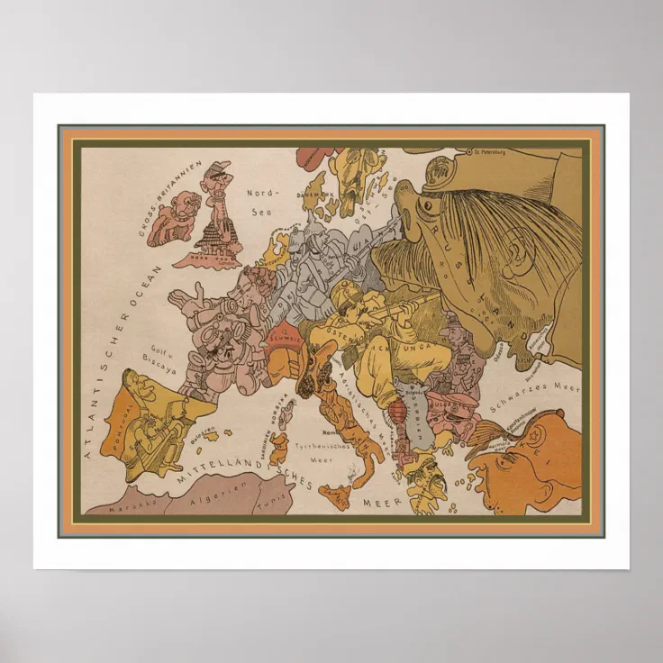 1914 German WWI Cartoon Map of Europe Poster | Zazzle