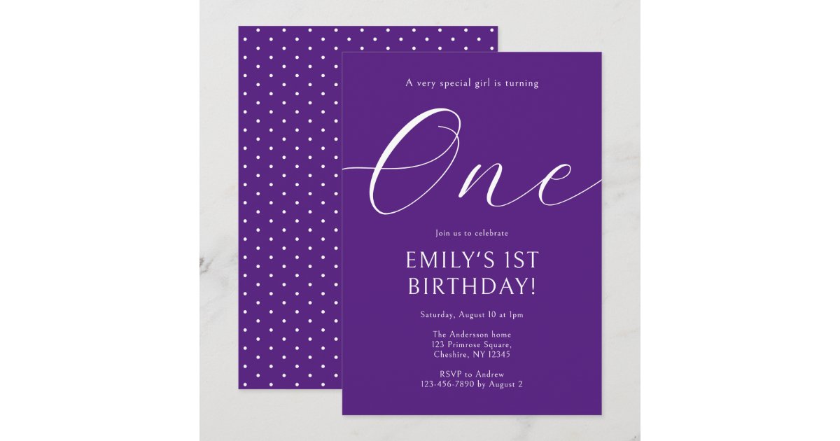 1st Birthday Girl's Purple Simple One Year Old Invitation | Zazzle