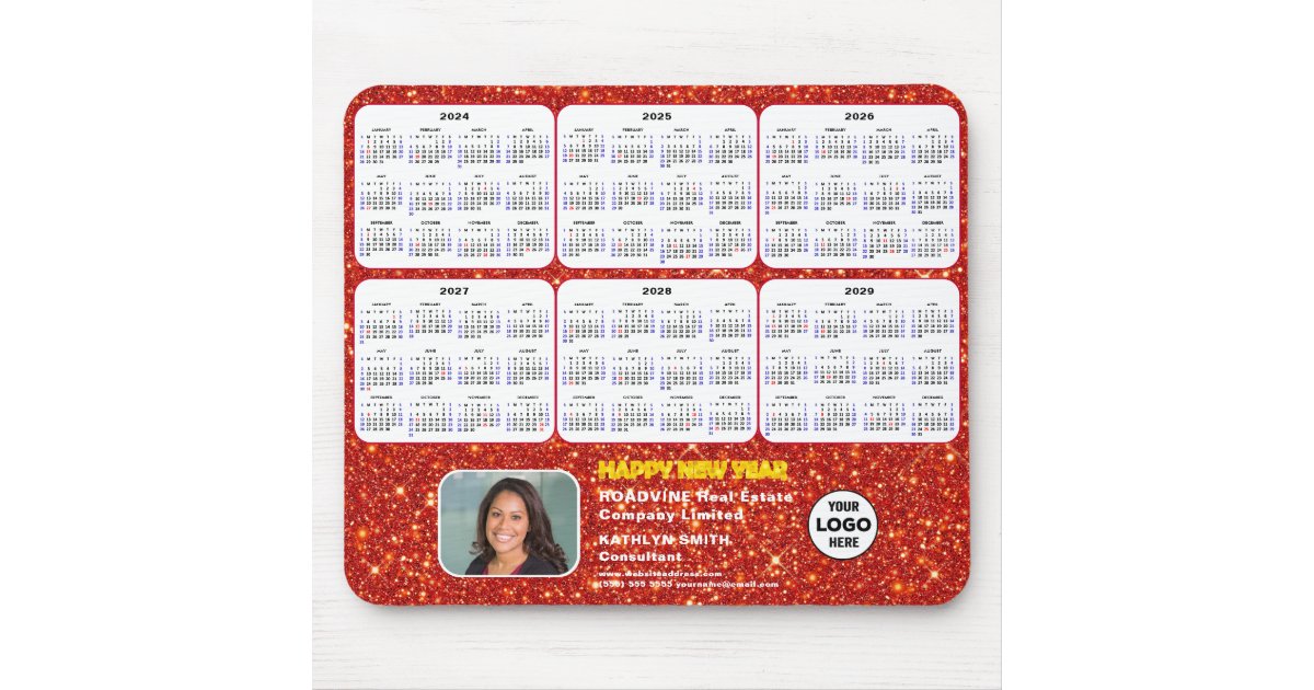 2024-2029 Calendar Business Logo Photo Red Glitter Mouse Pad | Zazzle