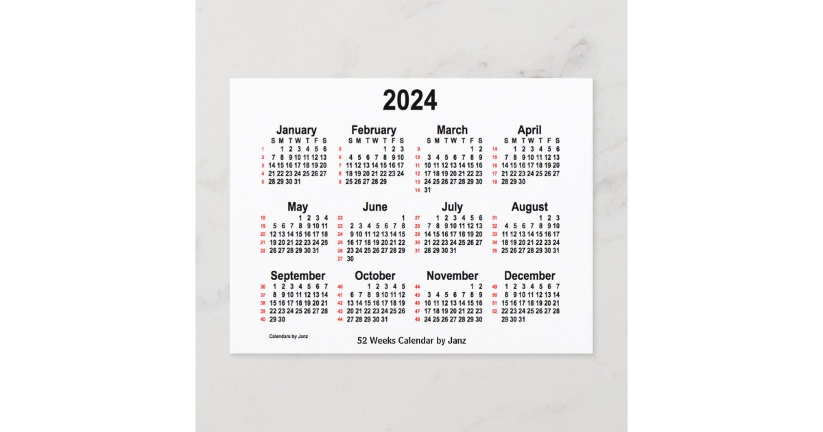 2024 White 52 Weeks Calendar by Janz Postcard | Zazzle