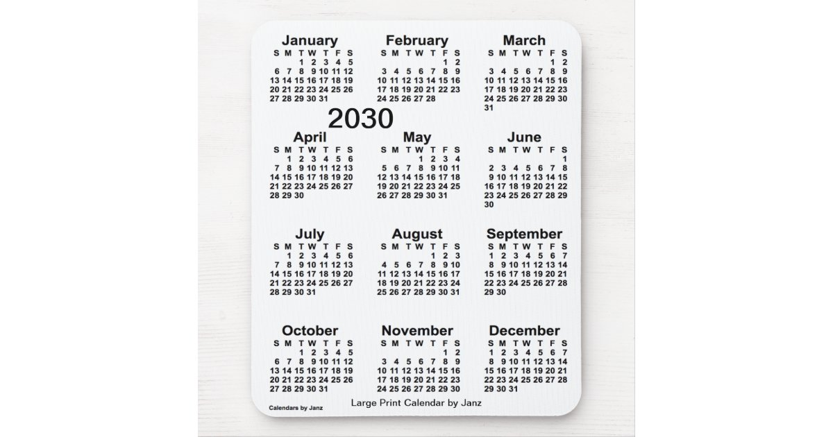2030 White Large Print Calendar by Janz Mouse Pad | Zazzle