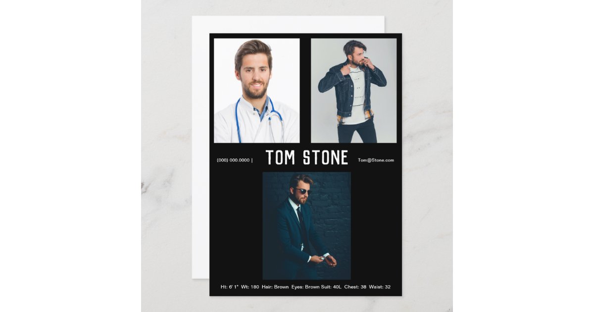 3 Photo Male Model Actor Comp Card Black Template | Zazzle