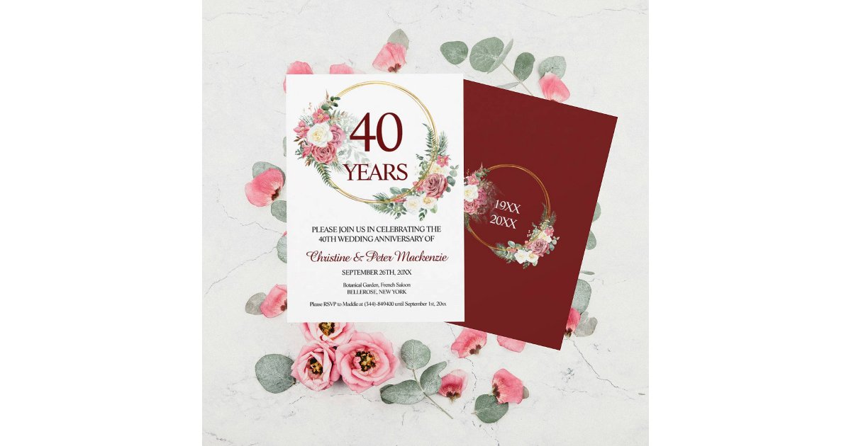 40th Wedding Ruby Roses Anniversary Invitation | Zazzle