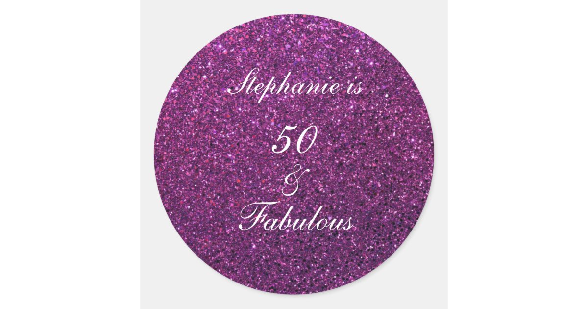 50 And Fabulous Birthday Purple Glitter Ombre Chic Classic Round ...