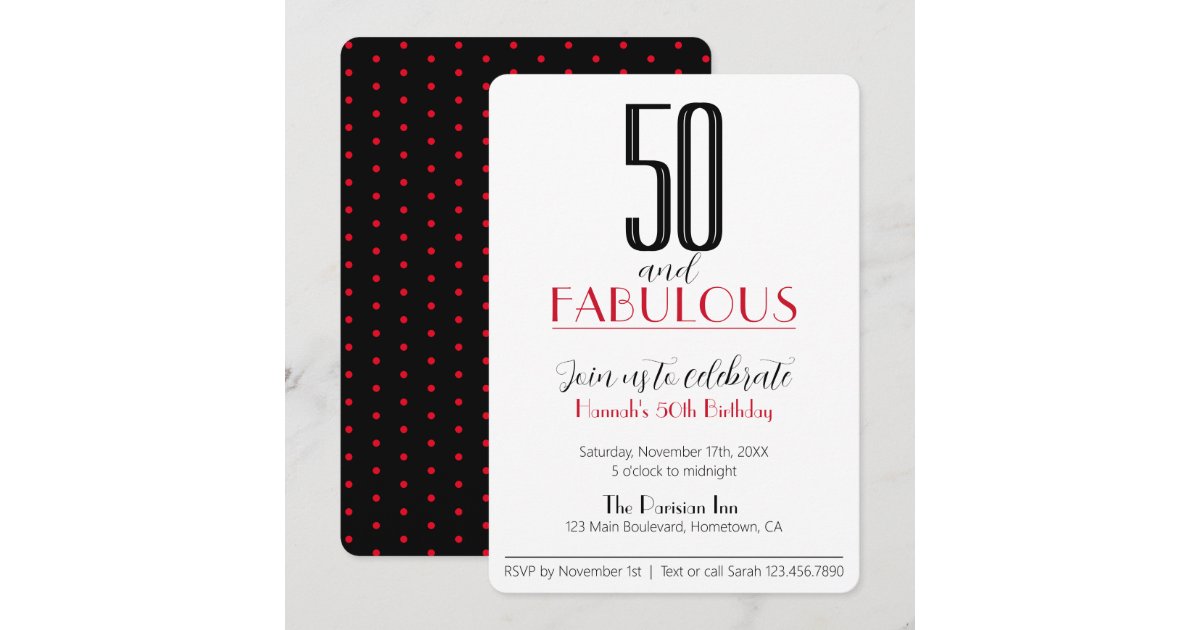 50 and Fabulous Retro Birthday Red and Black Invit Invitation | Zazzle