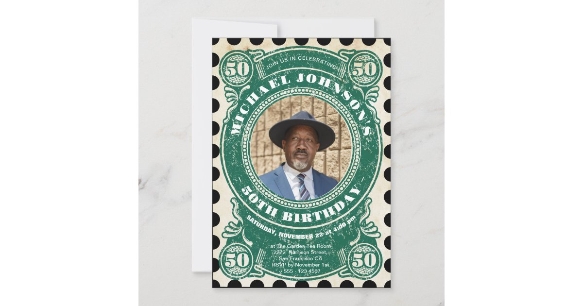 50th Birthday Vintage Postage Stamp Unique Photo Invitation | Zazzle