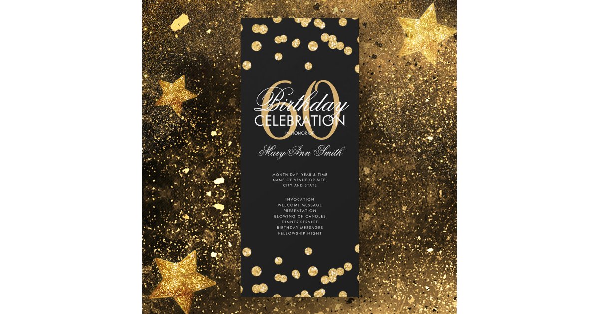 60th Birthday Party Program Gold Glitter w/ Menu | Zazzle