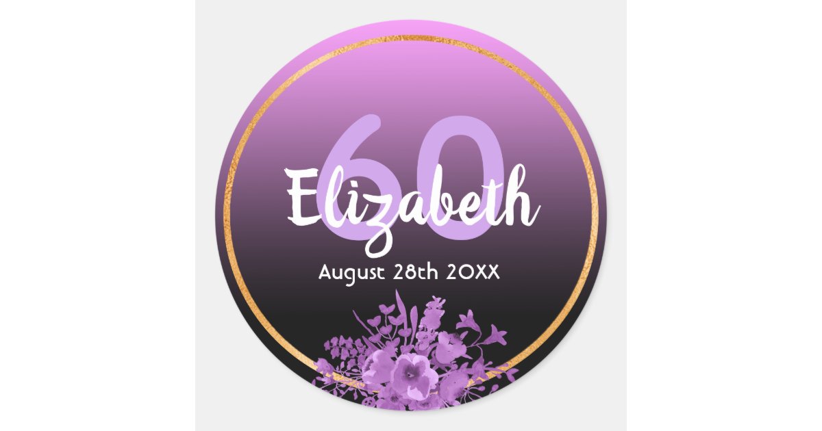 60th birthday purple and black gradient with gold classic round sticker ...