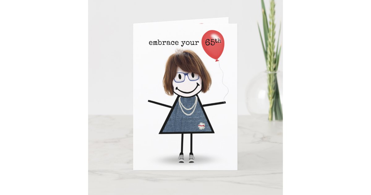 65th Birthday Stick Figure Girl with Red Balloon Card | Zazzle