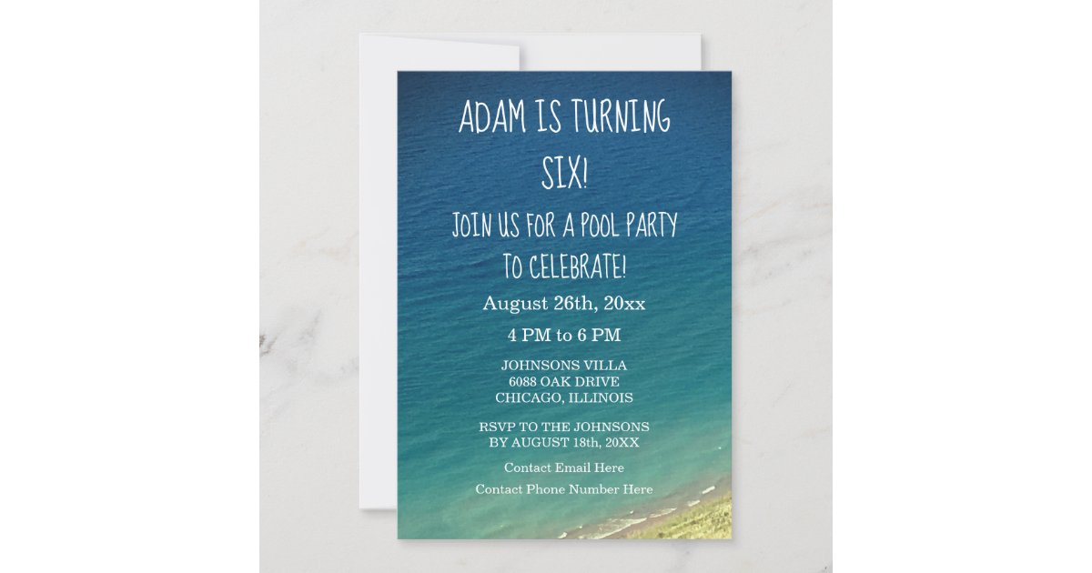 6th Birthday Pool Party Blue Water Seashore Beach Invitation | Zazzle