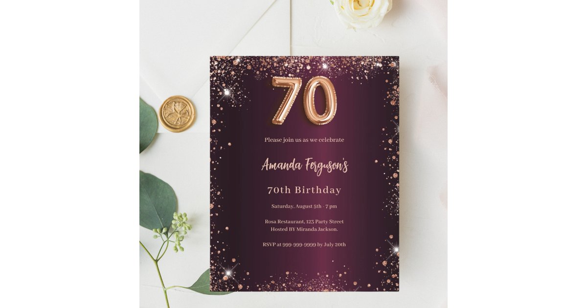 70th birthday burgundy rose gold invitation | Zazzle