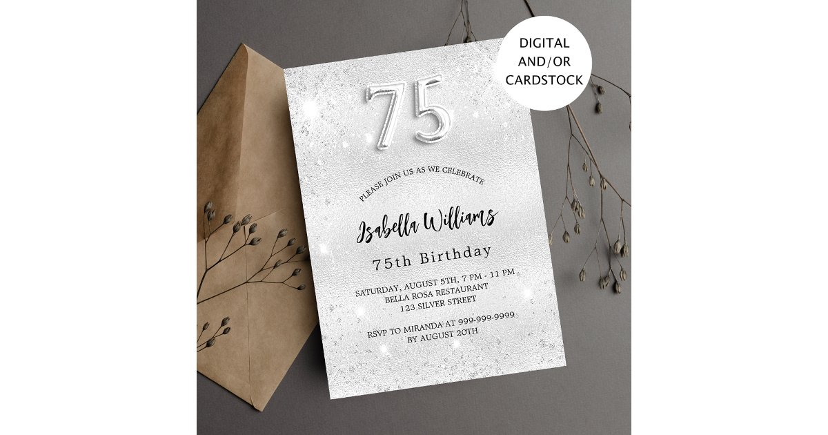 75th birthday silver glitter elegant invitation | Zazzle