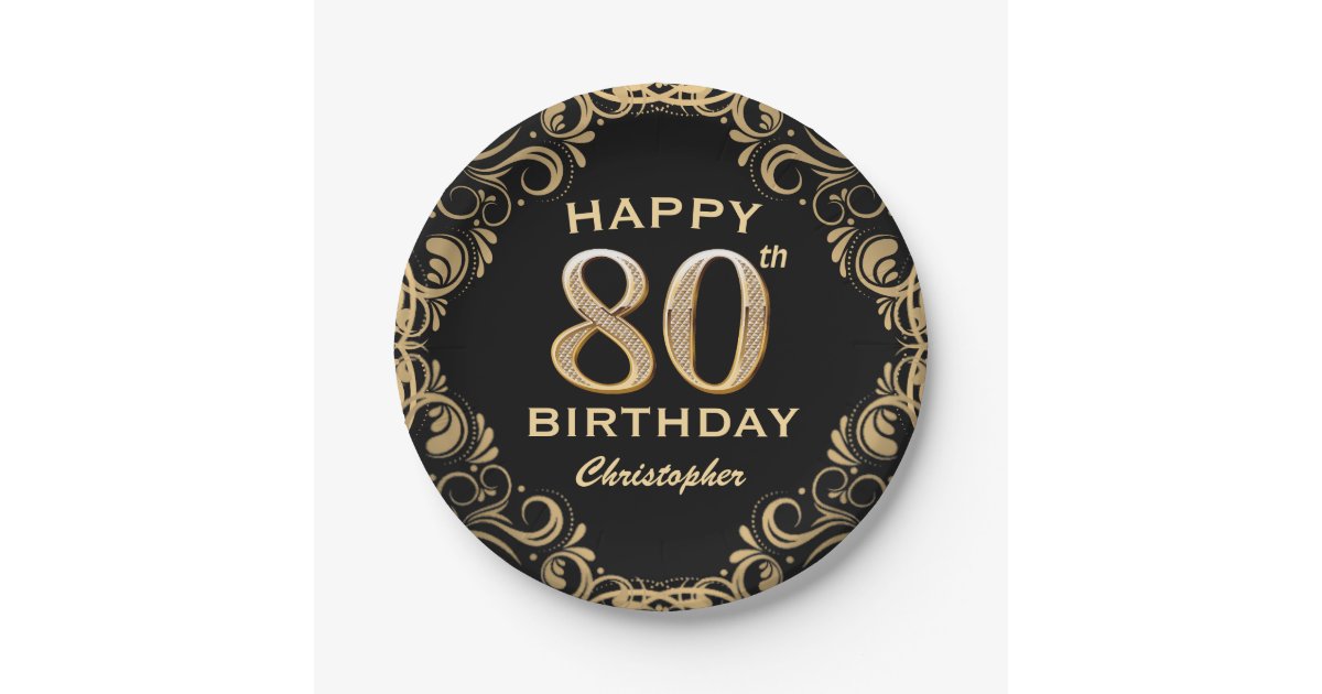 80th Birthday Party Black and Gold Glitter Frame Paper Plate | Zazzle