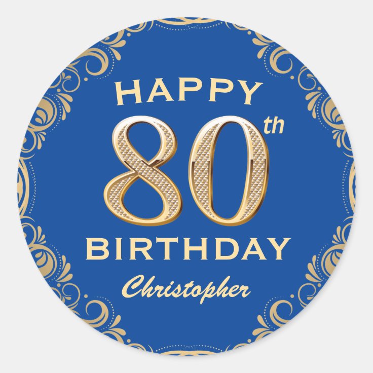 80th Birthday Party Blue and Gold Glitter Frame Classic Round Sticker ...