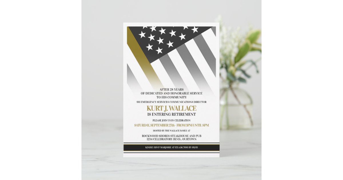 911 Dispatch Thin Gold Line Flag Retirement Party Invitation | Zazzle