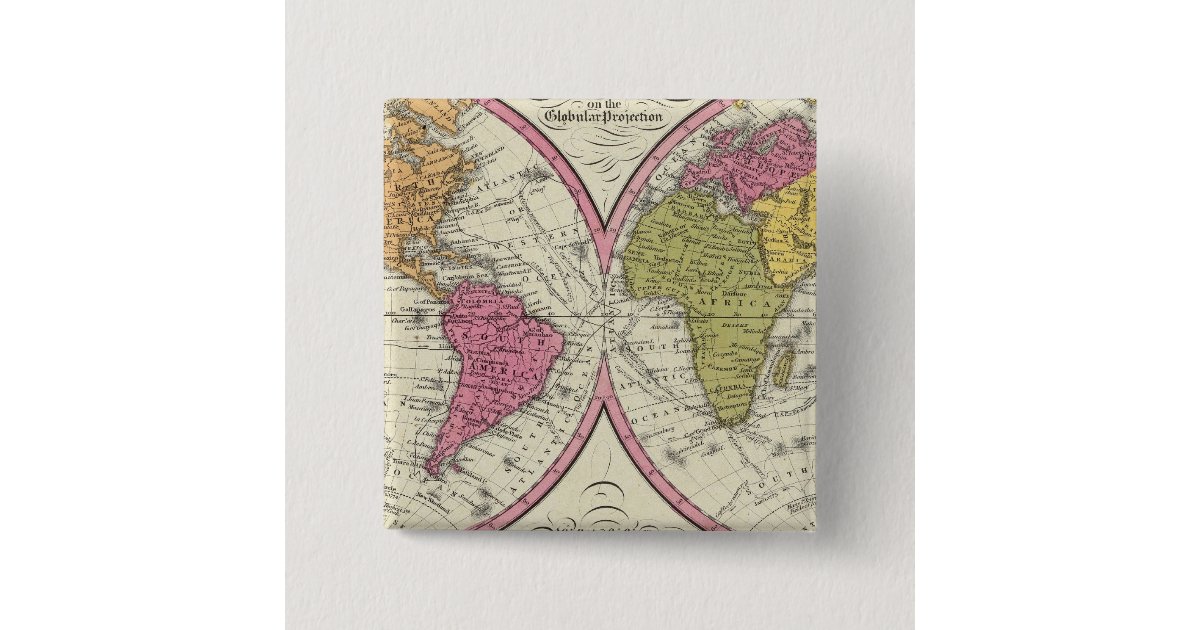 A New Map Of The World on the Globular Projection 2 Inch Square Button ...