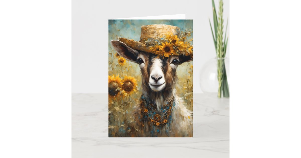 Adorable Goat in a Sunflower Field Card | Zazzle