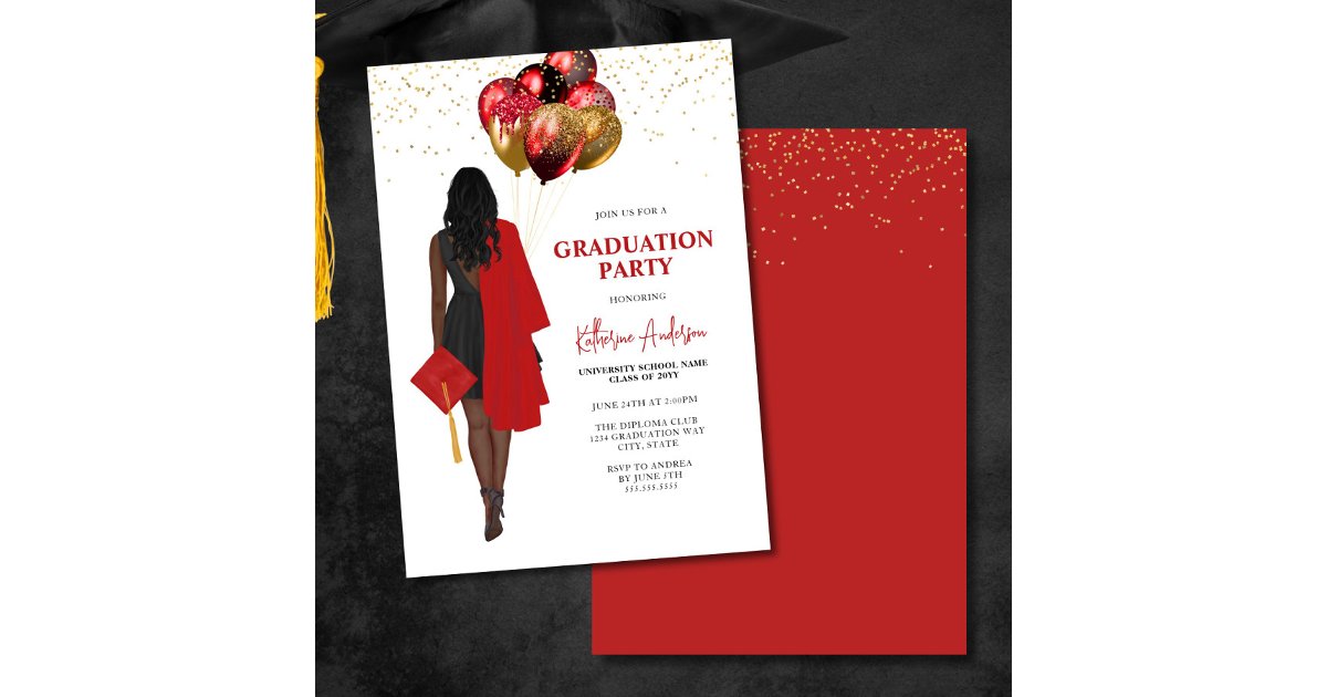 African American Female Red Graduation Party Invitation | Zazzle