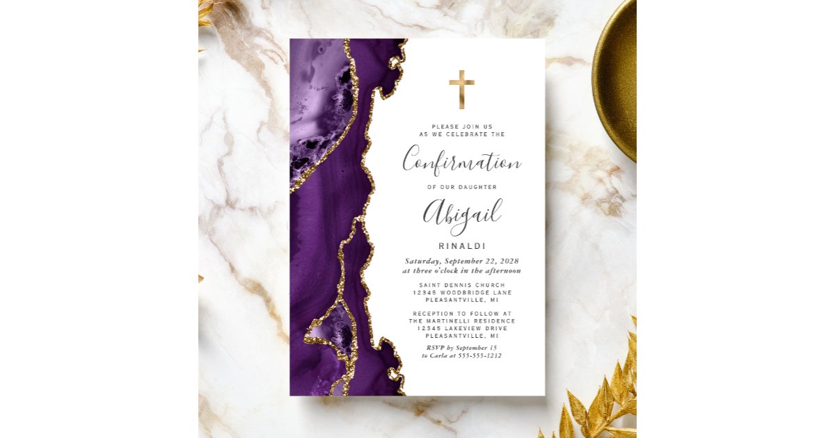 Agate Purple Gold Glitter Confirmation Invitation | Zazzle