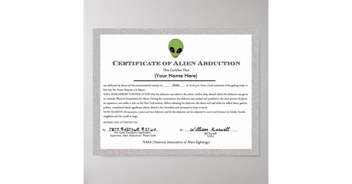 Alien Abduction Certificate Poster | Zazzle