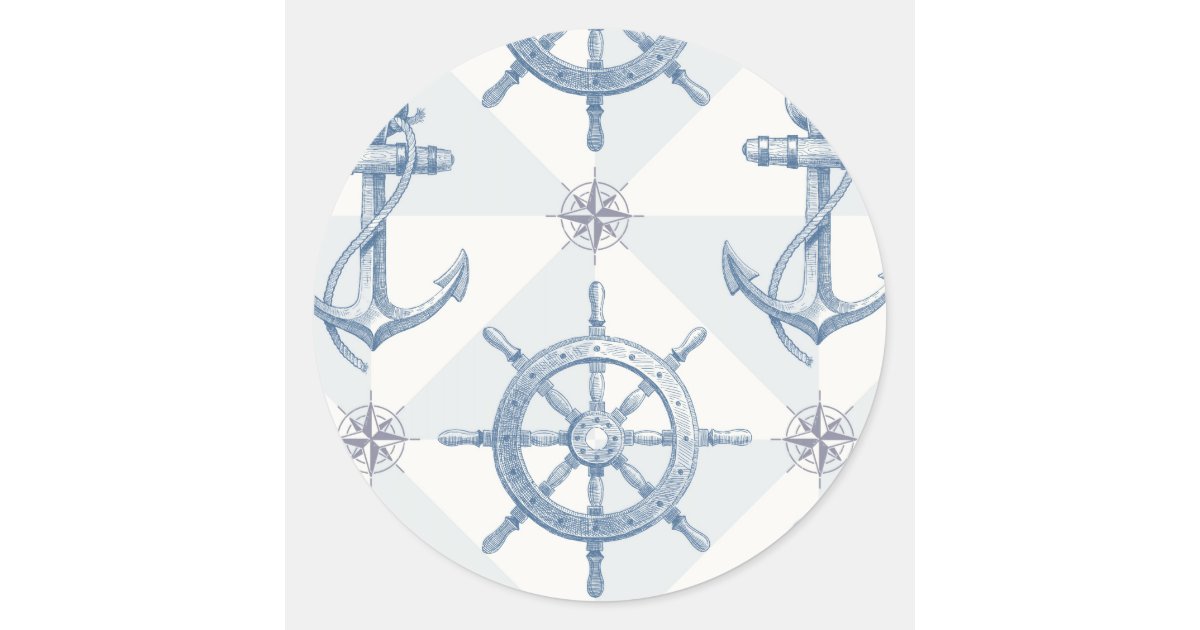 Anchors & Ship Wheel Pattern Classic Round Sticker | Zazzle