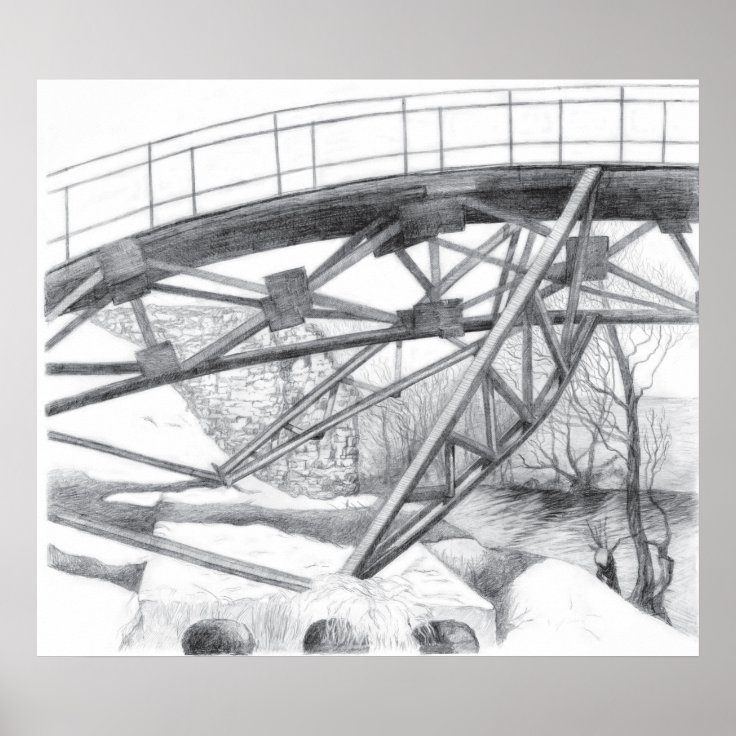 Ancient footbridge. Pencil drawing. Poster | Zazzle