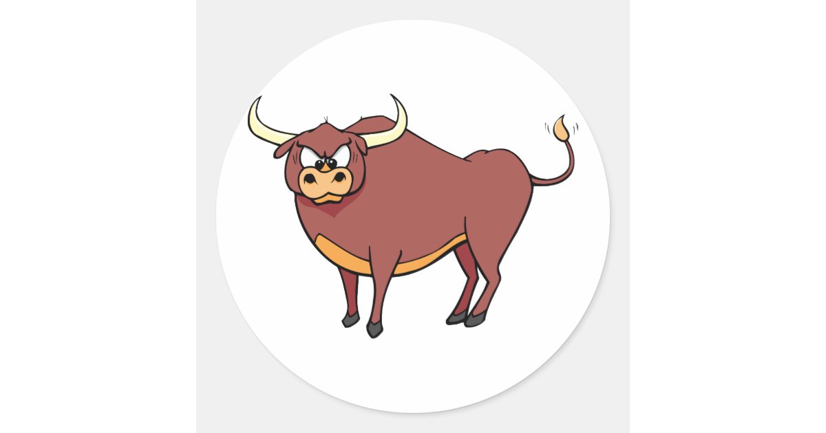 Angry bull animated illustration classic round sticker | Zazzle