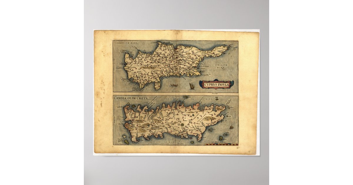 Antique Map of Cyprus ORTELIUS ATLAS 1570 A.D. Poster | Zazzle