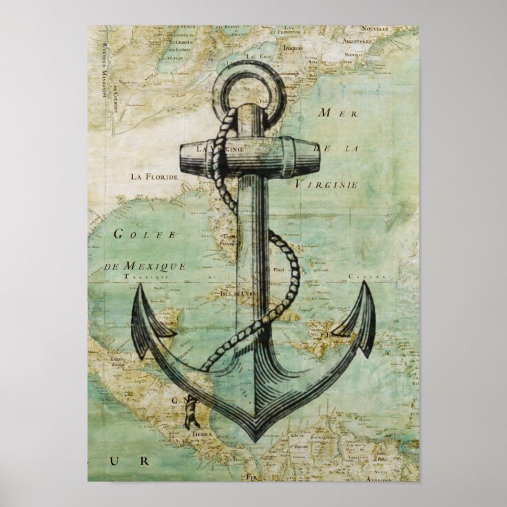 Antique Nautical Map & Anchor Poster | Zazzle