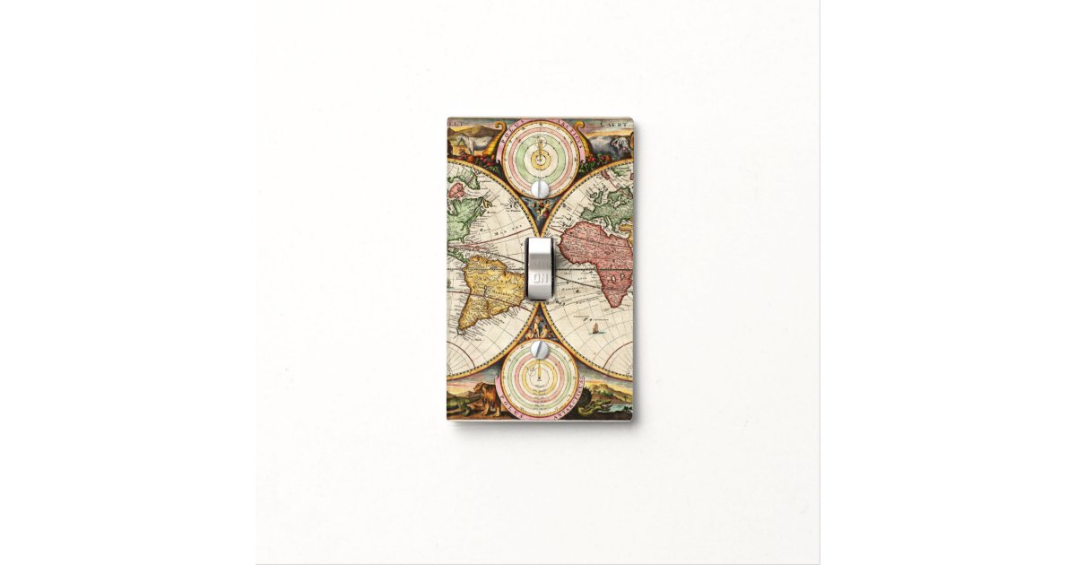 Antique World Map Two Hemispheres Rare Vintage Art Light Switch Cover ...
