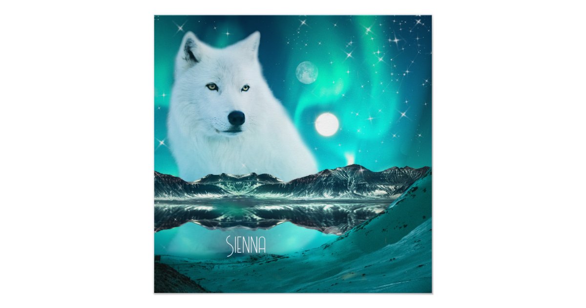 Arctic wolf at night with northern lights poster | Zazzle