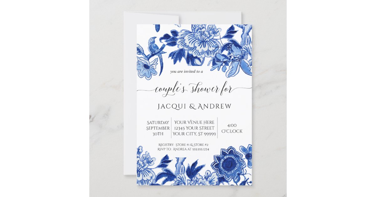 Asian Influence Light Blue Floral Couples Shower Invitation | Zazzle