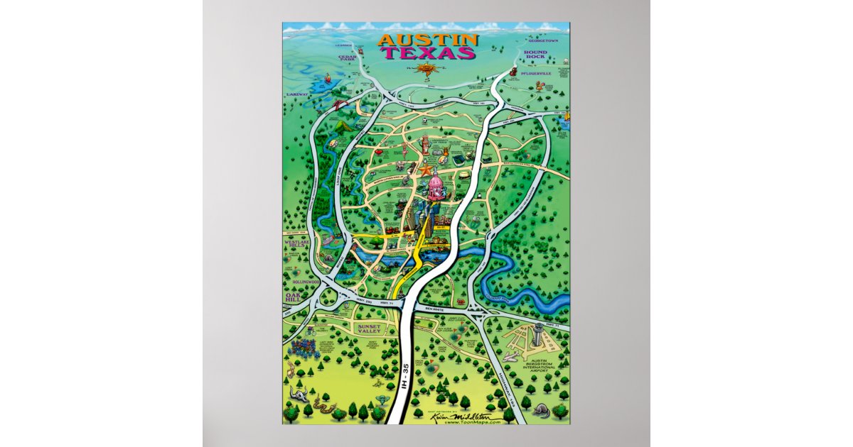 Austin Texas Cartoon Map Poster | Zazzle