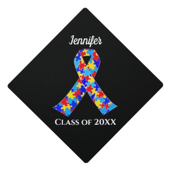 Autism Awareness Ribbon Custom Class Name Black Graduation Cap Topper ...