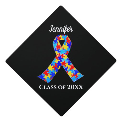Autism Awareness Ribbon Custom Class Name Black Graduation Cap Topper ...