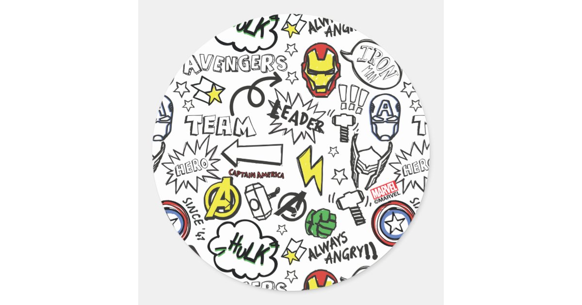 Avengers Symbols Doodle Pattern Classic Round Sticker | Zazzle