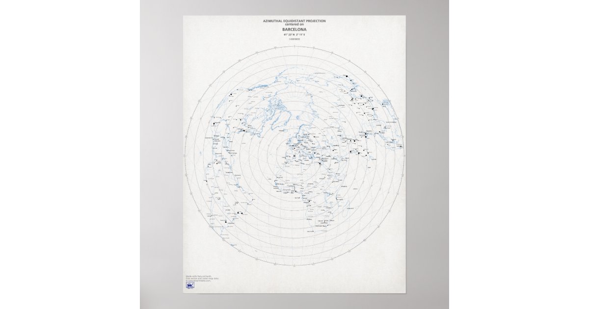 Azimuthal world map Barcelona Poster | Zazzle