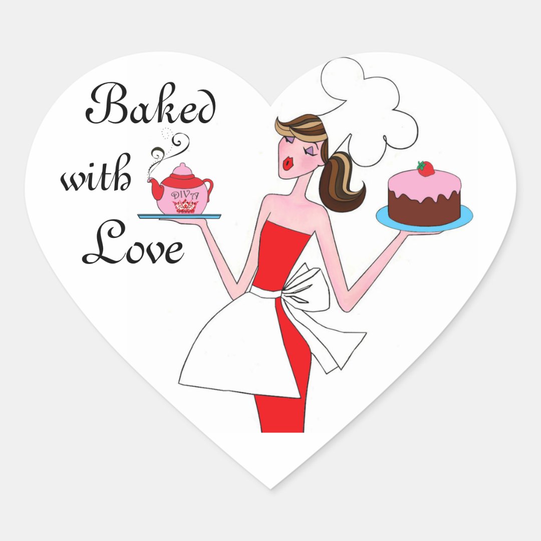 "Baked With Love" Diva Heart Stickers | Zazzle