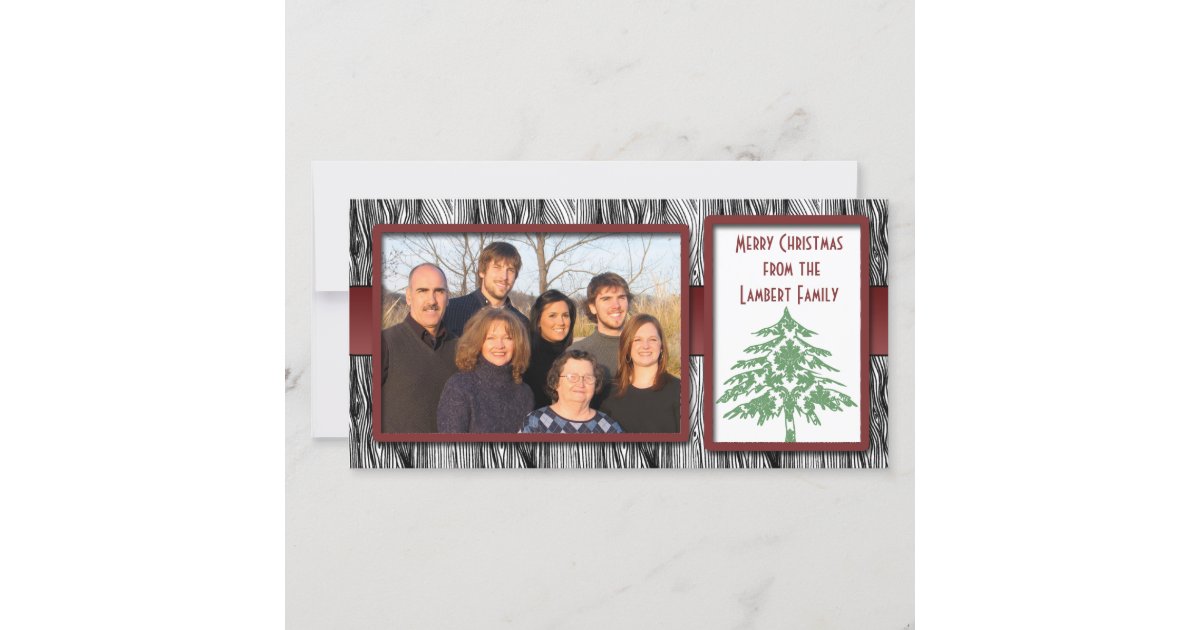 Barnwood Red Border Woodsy Pine Tree Photo Cards | Zazzle
