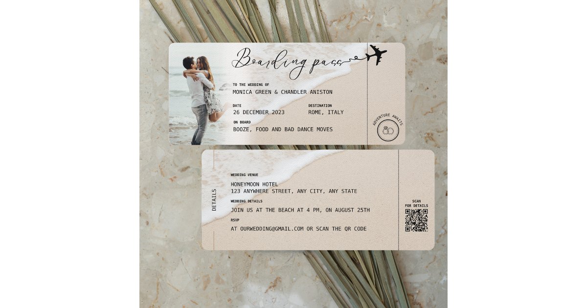 BEACH Boarding Pass Destination Wedding QR code Invitation | Zazzle