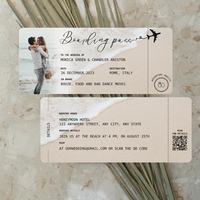 BEACH Boarding Pass Destination Wedding QR code Invitation | Zazzle