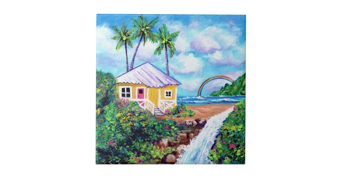 Beach Cottage with Waterfall Ceramic Tile | Zazzle