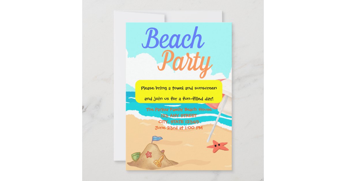 Beach Party with a Sand Castle & a Starfish Party Invitation | Zazzle