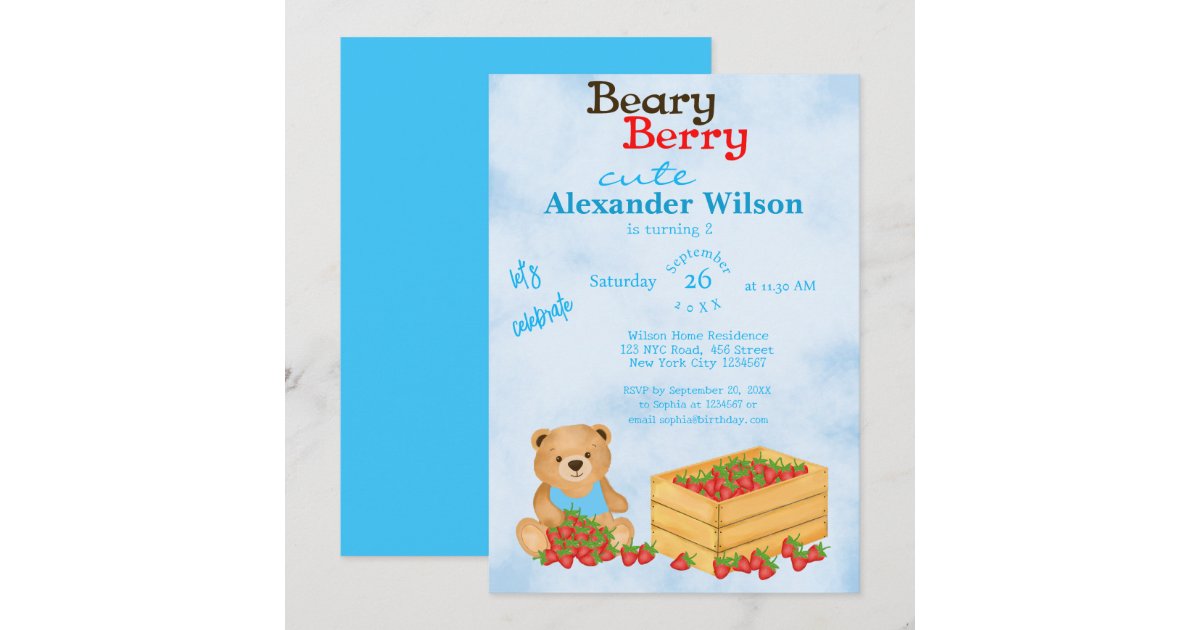 Beary Berry Cute Blue Cub's Strawberries Birthday Invitation | Zazzle