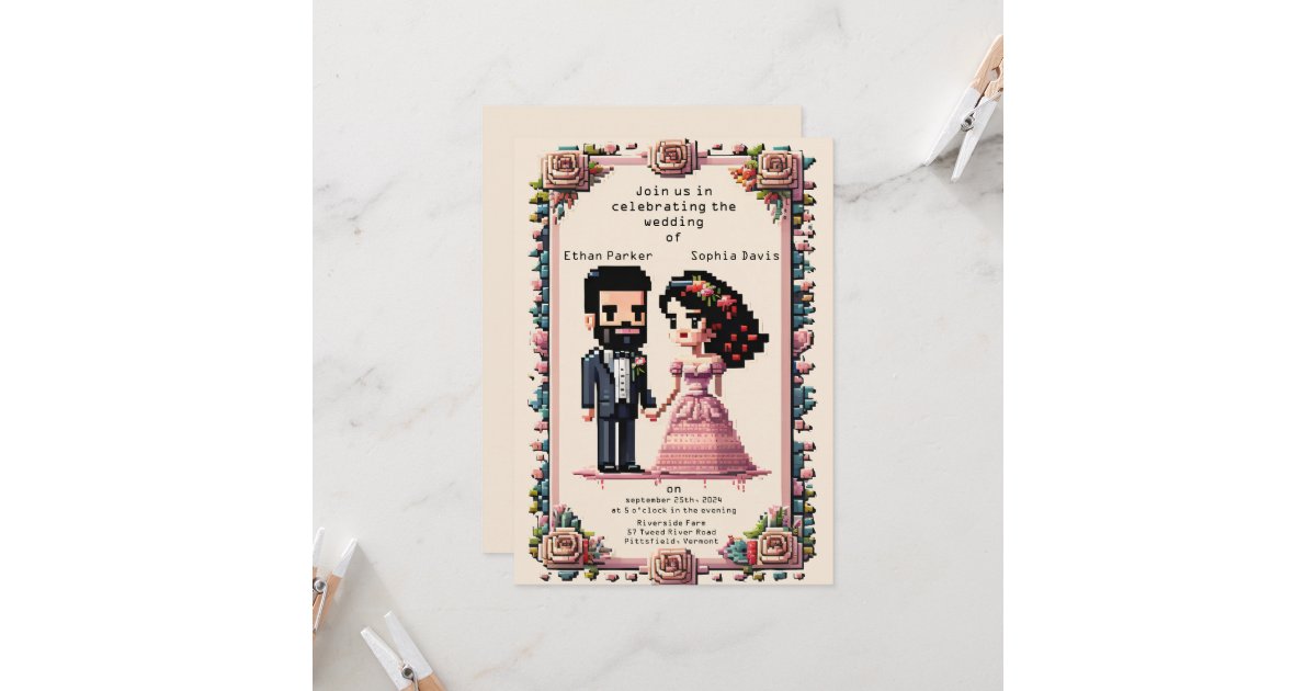 Beautiful Pixel Art Wedding Invitation | Zazzle