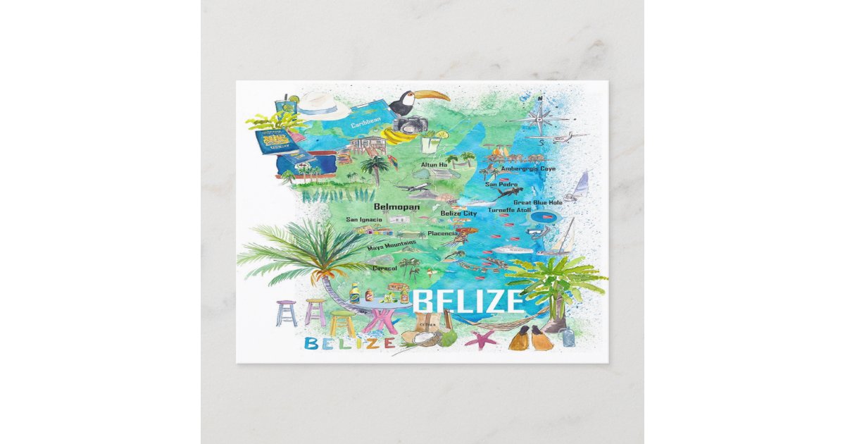 Belize Caribbean Illustrated Travel Map with Roads Postcard | Zazzle