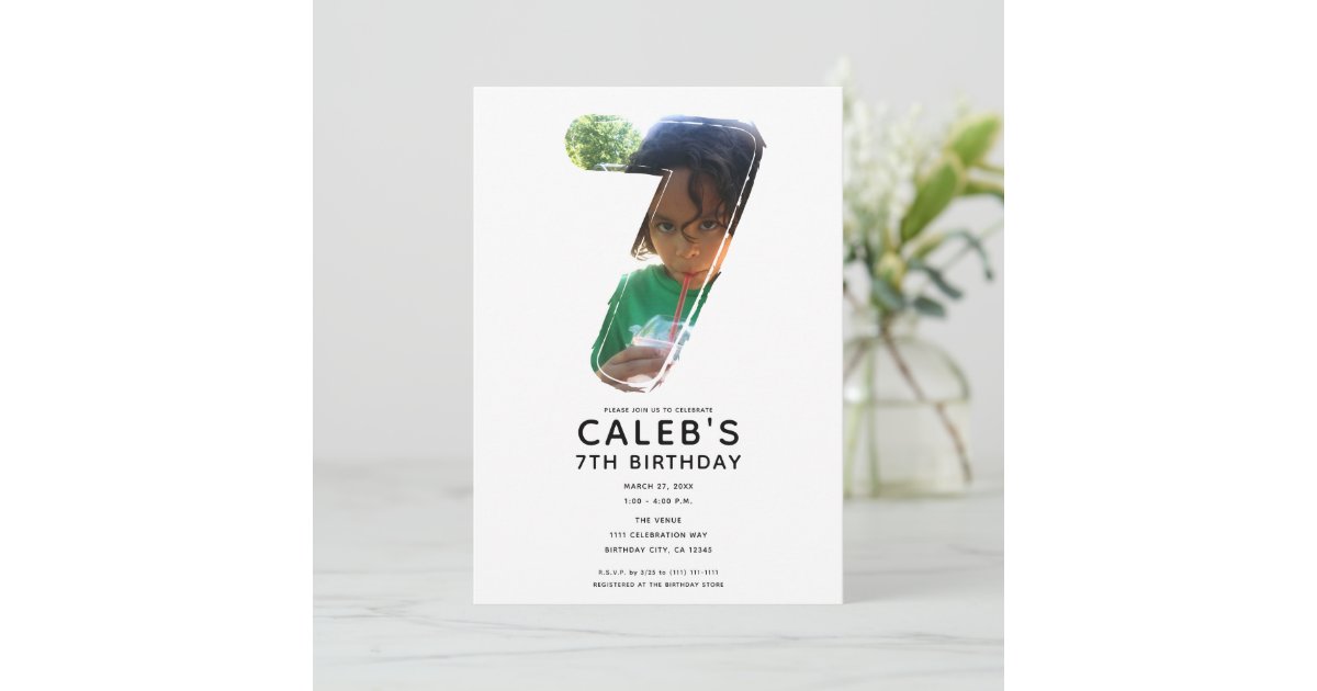 Big Number 7 SEVEN Photo 7th Birthday Party Invitation | Zazzle